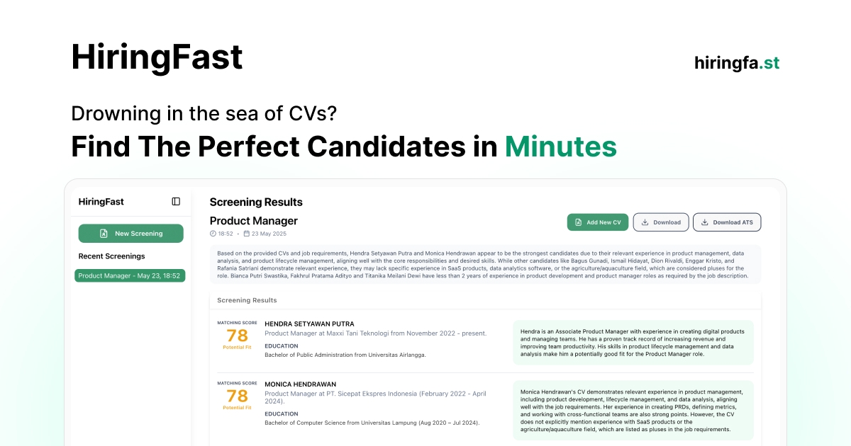 HiringFast - AI CV and Resume Screening Tool - AI CV/resume screening tool. Reduce time-to-hire ...